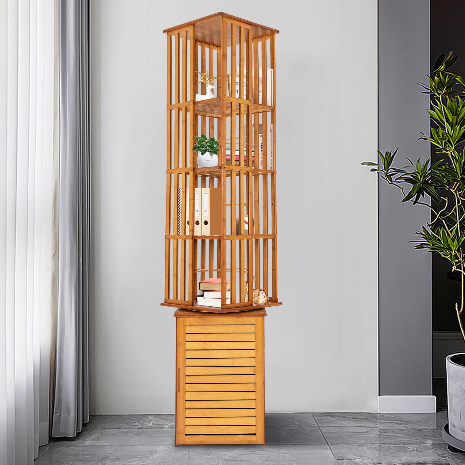 6-Tier Home Office Corner Book Shelf Bamboo 360° Rotating Storage ...