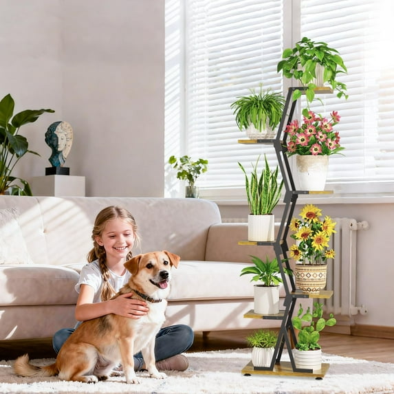 6 Tier Indoor Plant Stand, Corner Tall Metal & Wood Flower Shelf ...