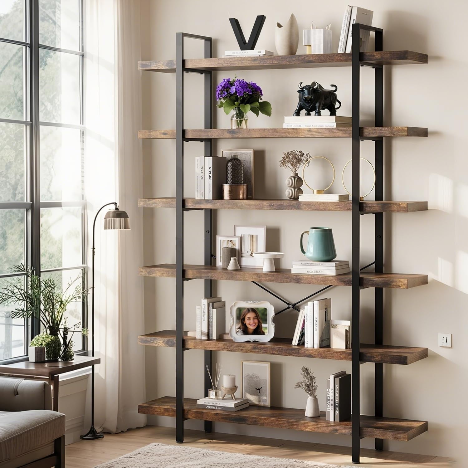 6-Tier Industrial Bookcase, 47 Inch Wide Wood Bookshelf, 120lbs Shelf ...