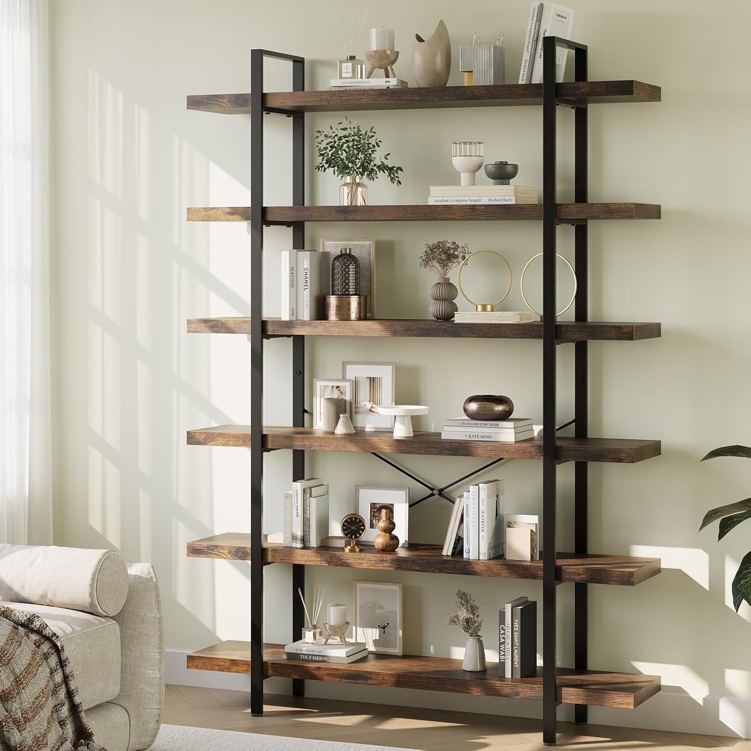 6-Tier Industrial Bookcase, 47 Inch Wide Wood Bookshelf, 120lbs Shelf ...