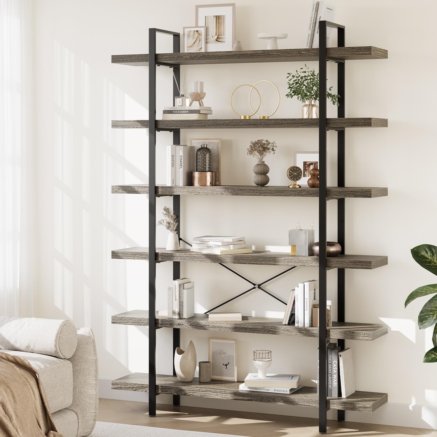 6-Tier Industrial Bookcase, 47 Inch Wide Wood Bookshelf, 120lbs Shelf ...