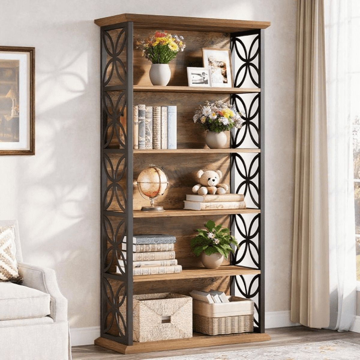 6-Tier Industrial Bookcase, Rustic Wood Finish with Metal Frame, Narrow ...