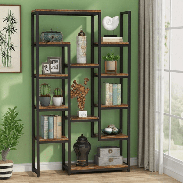 6-Tier Industrial Bookshelf, 12 Open Shelves, 30lbs/Shelf, Wall Anchor ...
