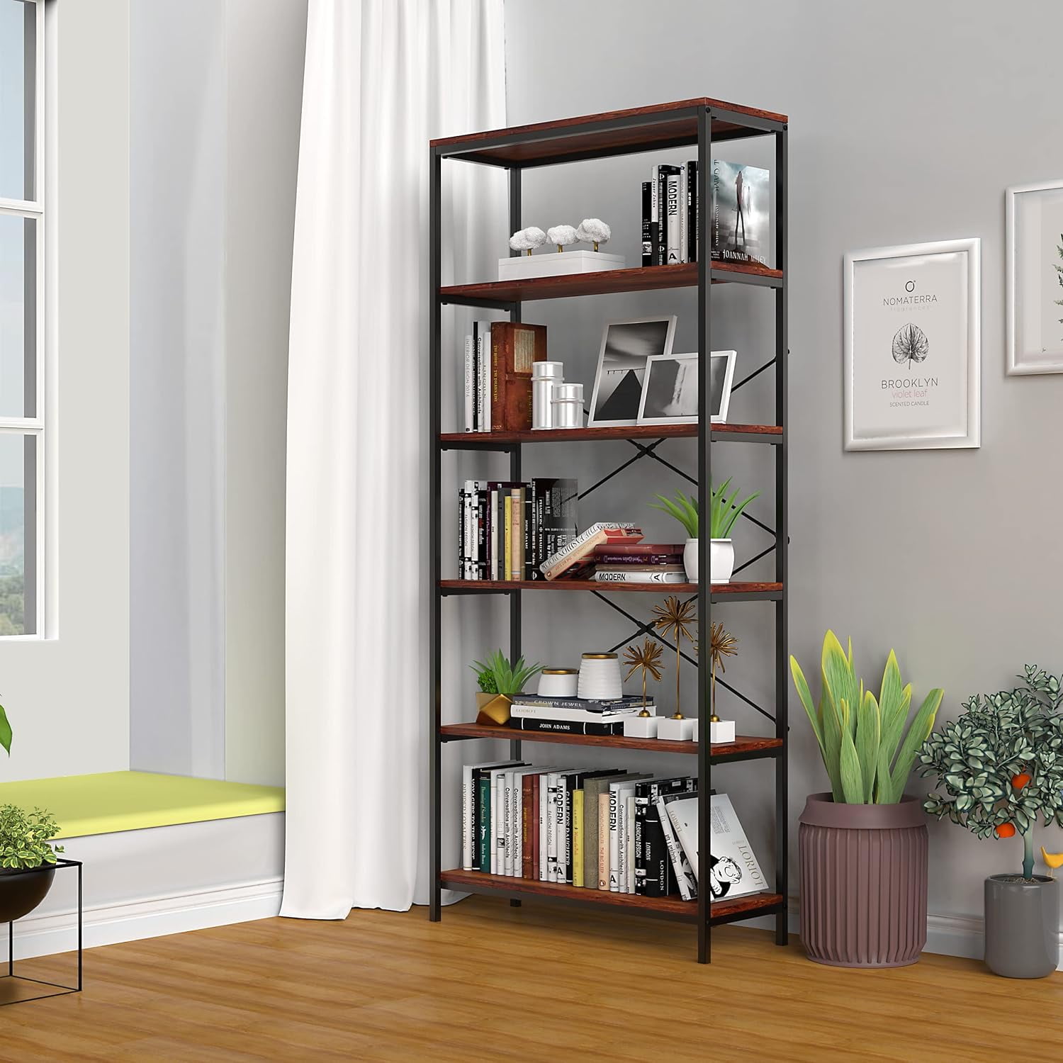 6 Tier Industrial Bookshelf, Open Shelving Bookcase, Black Metal and ...