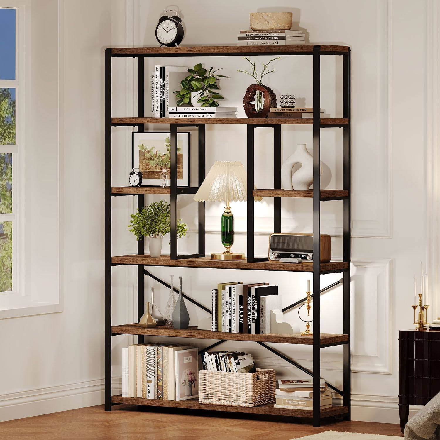 6-Tier Industrial Metal and Wood Bookshelf for Bedroom or Living Room ...