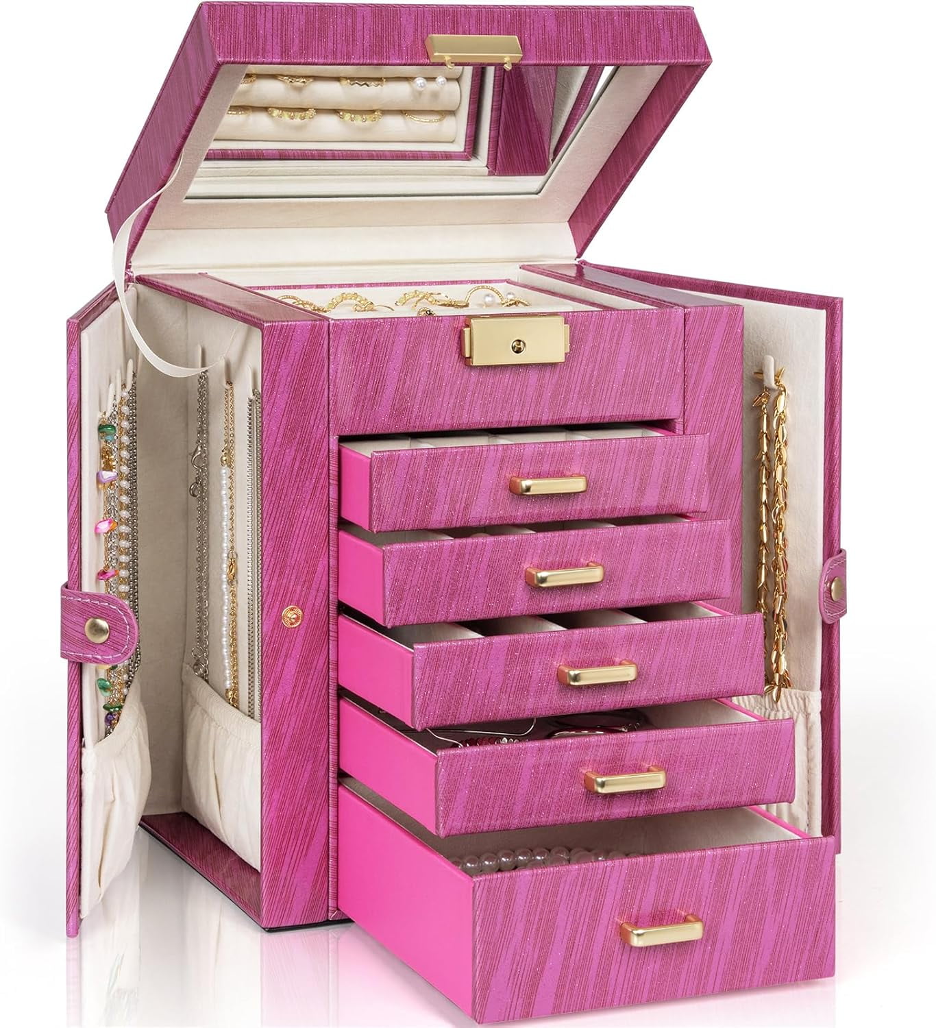 6-Tier Jewelry Box Lockable Leather Jewelry Storage Case with 5 Drawers ...