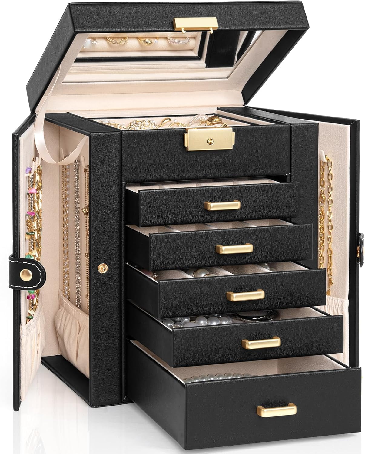 6-Tier Jewelry Box Lockable Leather Jewelry Storage Case with 5 Drawers ...