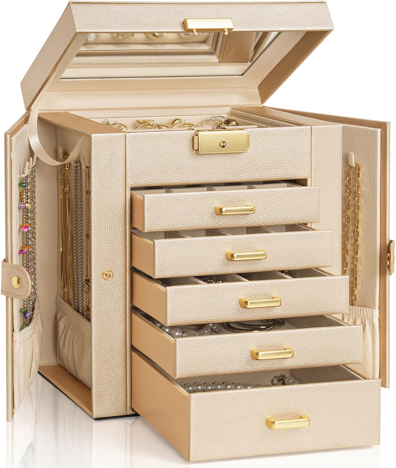 6-Tier Jewelry Box Lockable Leather Jewelry Storage Case with 5 Drawers ...