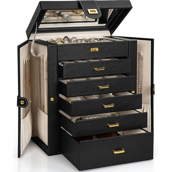 6-Tier Jewelry Box Organizer Functional 5 Drawers Leather Jewelry ...