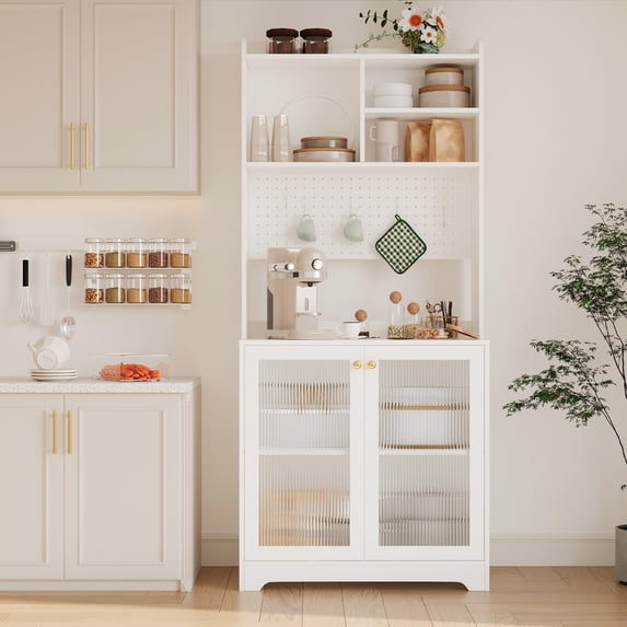 6-Tier Kitchen Pantry Cabinet - Glass Doors,Pegboard Panel & Open ...
