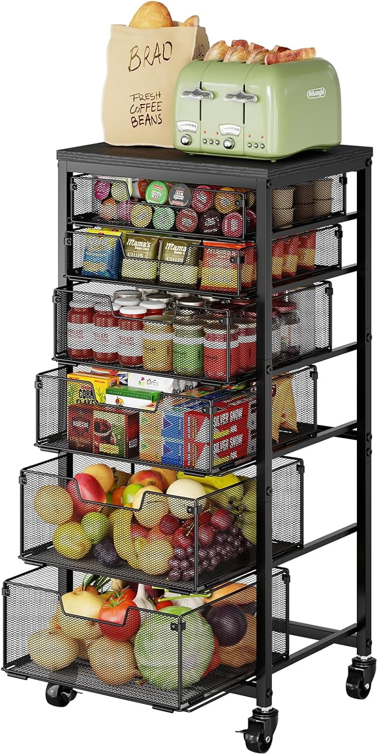 6-Tier Kitchen Storage Cart with Drawers Wooden Top Metal Wire Frame ...