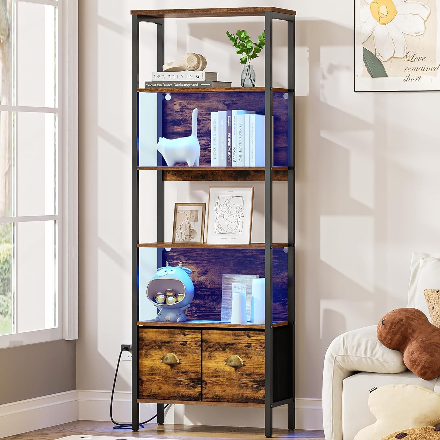 6 Tier LED Bookshelf with 2 Storage Drawers, Dimmable Display Bookcase ...