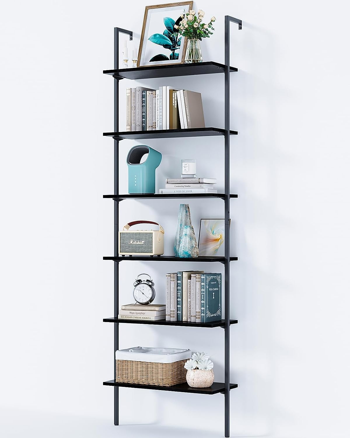 6-Tier Ladder Shelf, 87 Inches Wall Mounted Ladder Bookshelf with Metal ...