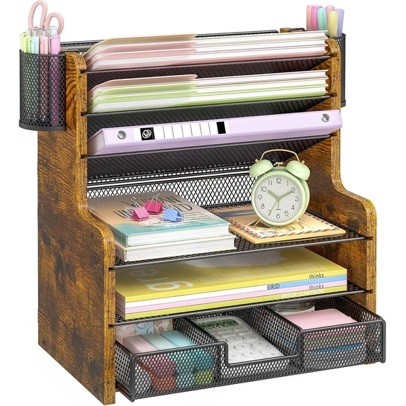 6-Tier Mesh Desk Organizer with Drawer, Sturdy Wooden Office File ...