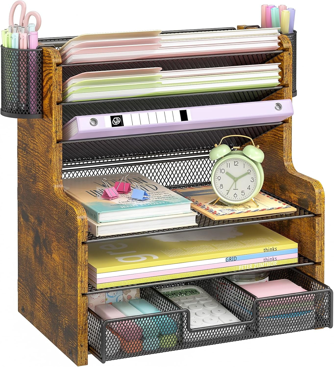 6-Tier Mesh Desk Organizer with Drawer, Wooden Office Organizer for ...