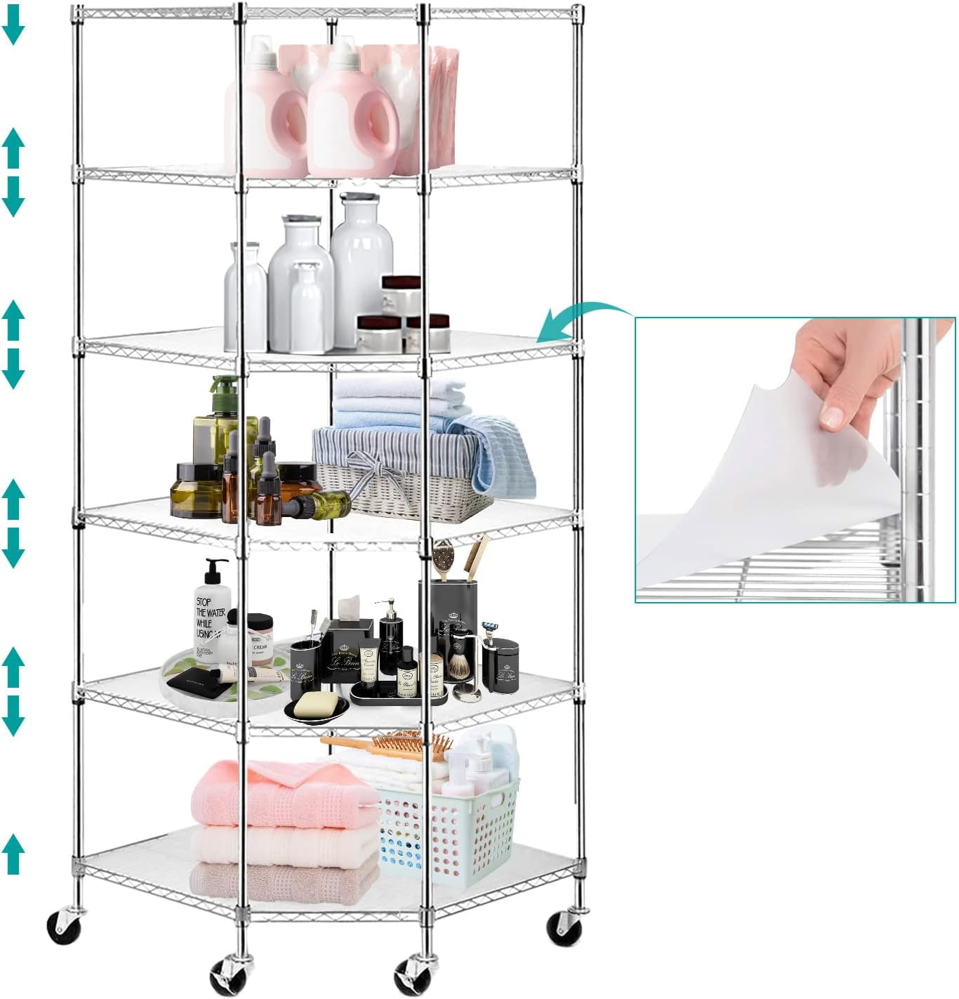 6 Tier Metal Corner Shelf, Polygonal Corner Wire Shelf with Wheels and ...