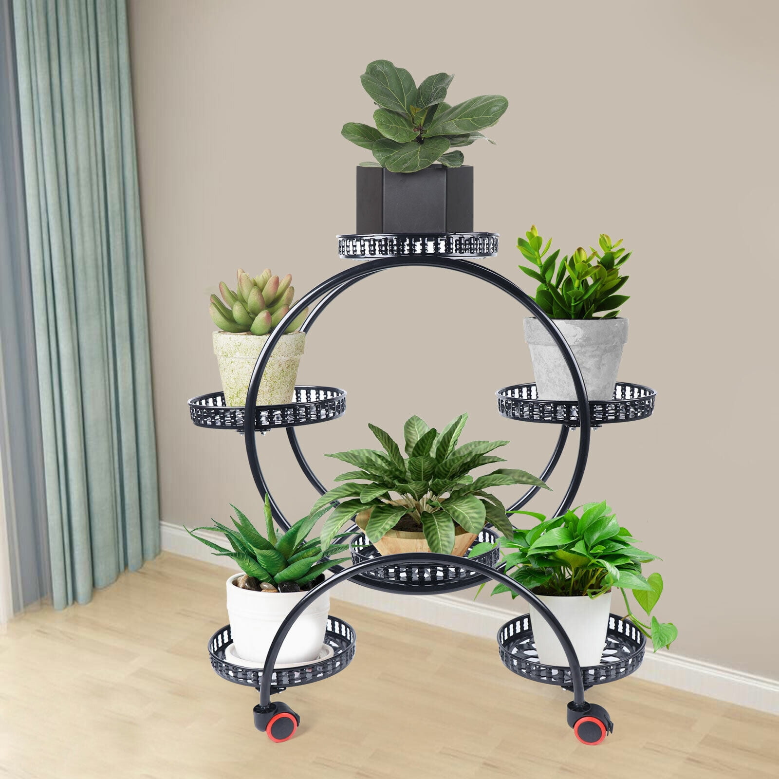 6 Tier Metal Plant Stand Flower Pot Rack Display Shelf W/Wheel Garden ...