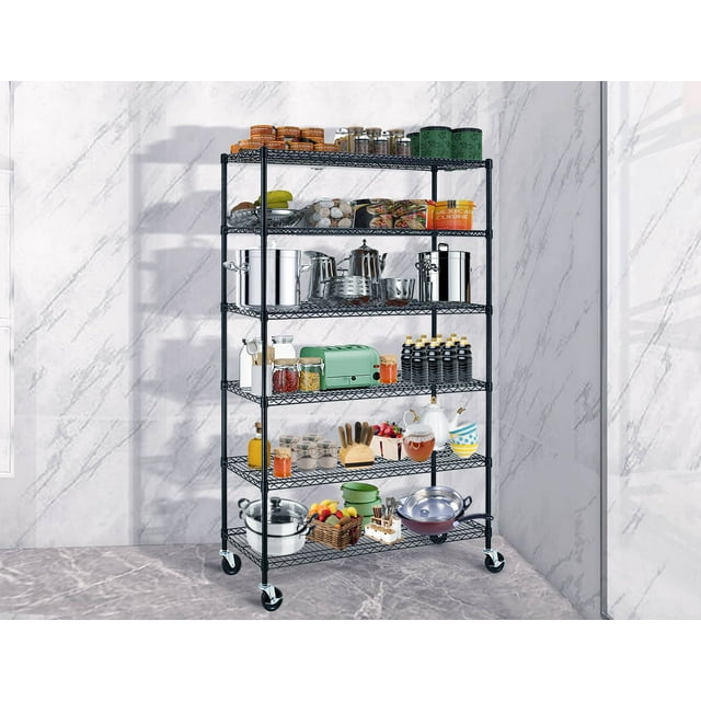 6-Tier Metal Storage Shelves, Adjustable Wire Shelving Unit on Wheels Heavy Duty Movable Storage ...