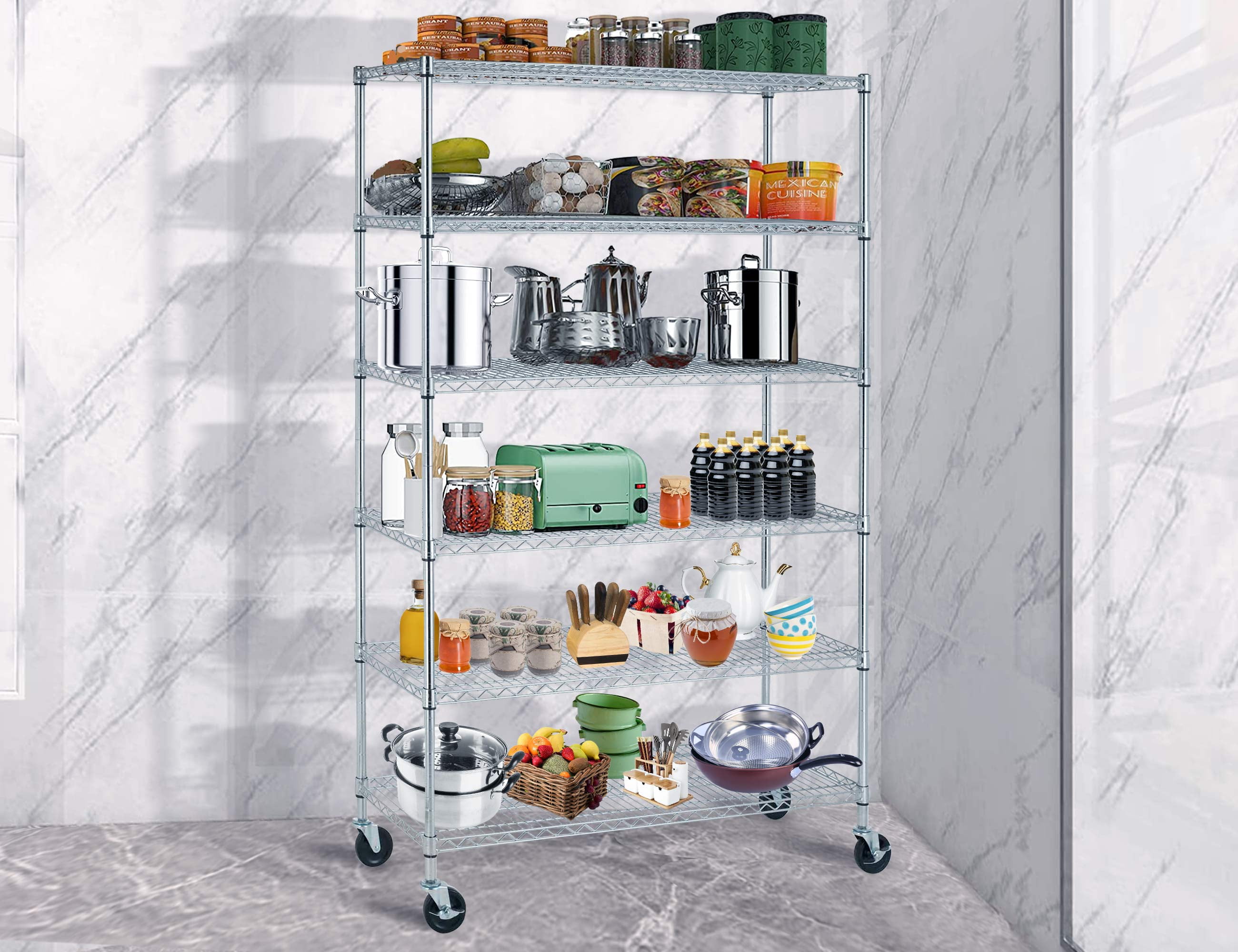 6-Tier Metal Storage Shelves, Adjustable Wire Shelving Unit on Wheels ...
