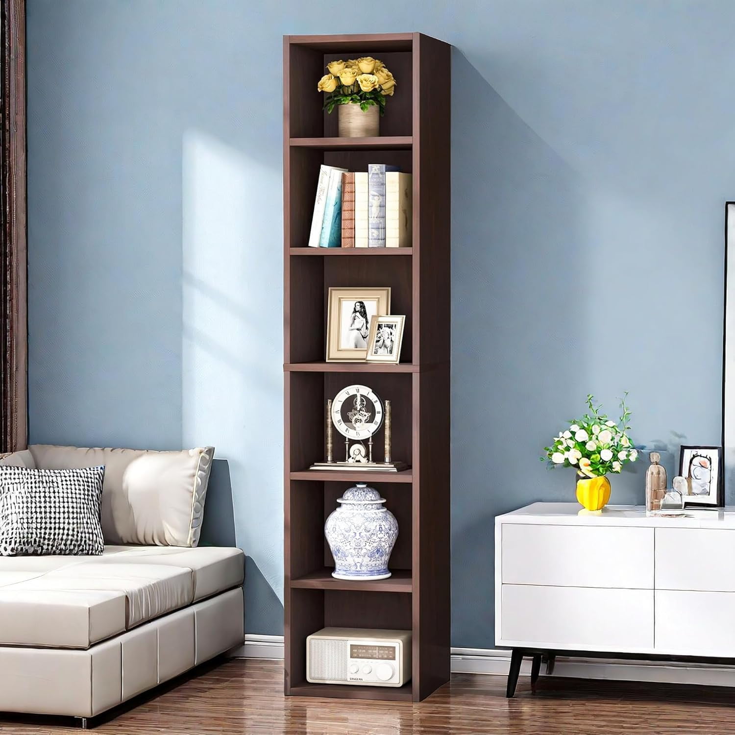 6 Tier Modern 70.9 Inch Tall Narrow Storage Bookcase with 6 Tier Open ...