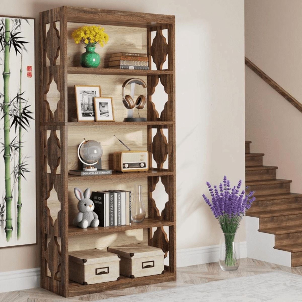 6-Tier Modern Bookshelf with Rhombus Patterns, Thick Particle Board ...