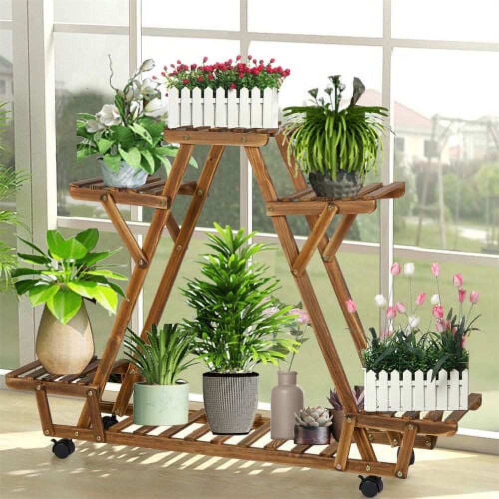 6 Tier Movable Rolling Plant Shelf Outdoor Indoor Garden Wood Flower ...