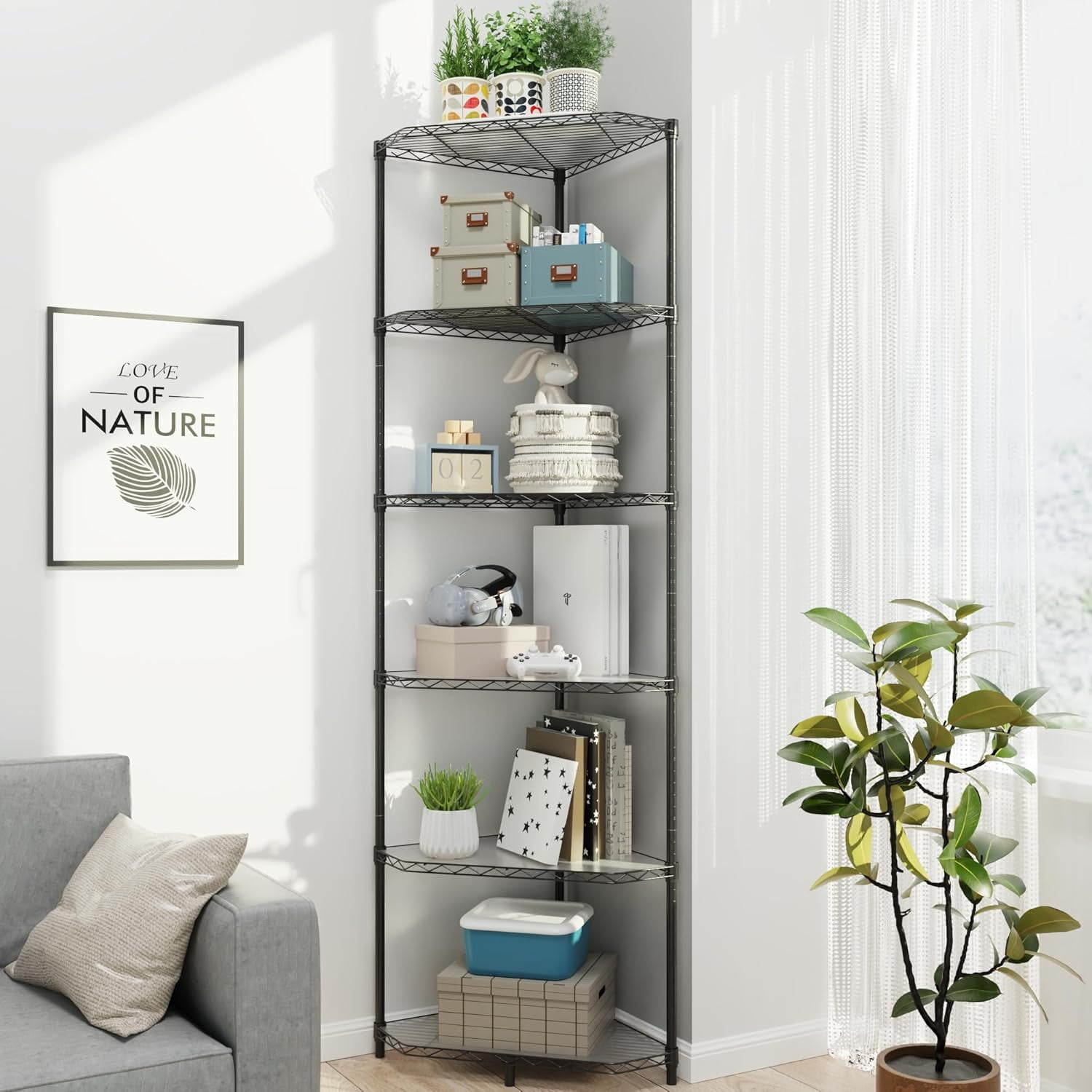 6 Tier NSF Storage Rack, 600lbs Capacity Metal Pentagonal Corner Wire ...