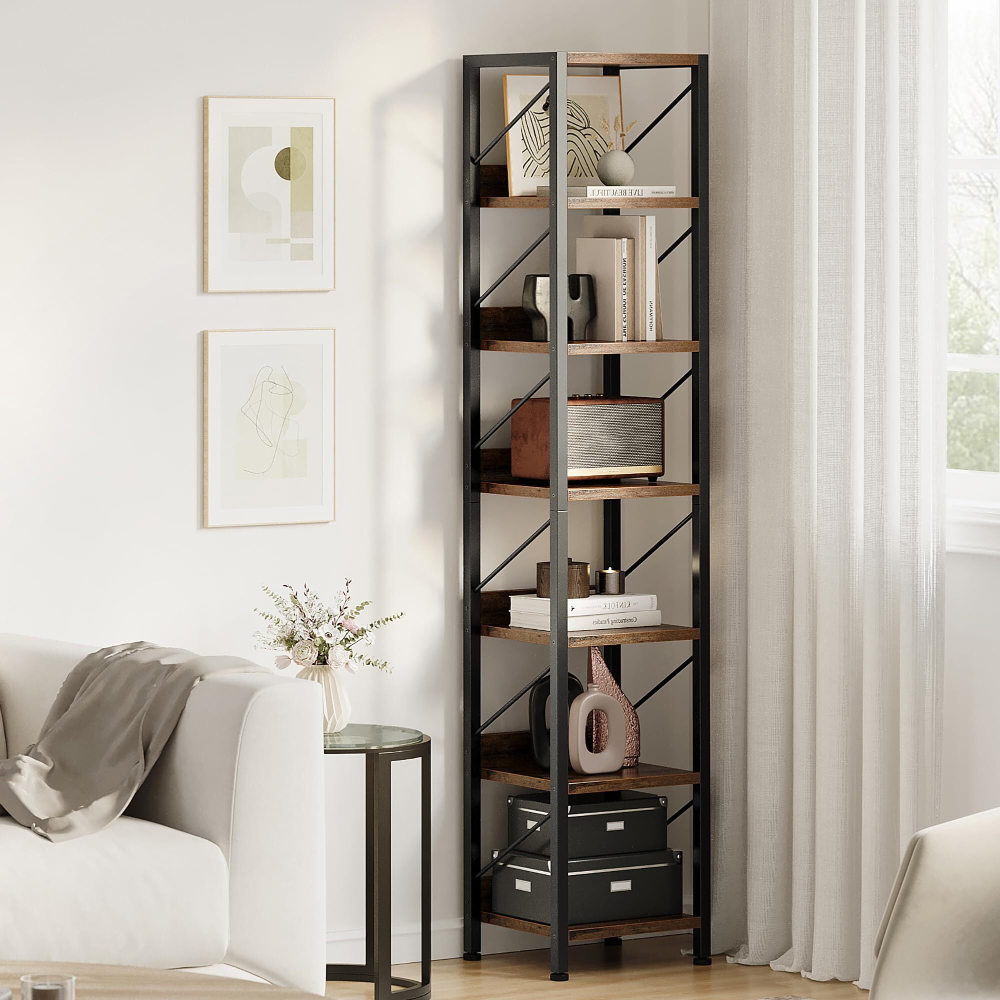 6 Tier Narrow Bookcase Tall Skinny Bookshelf Rustic Corner Shelf Small ...