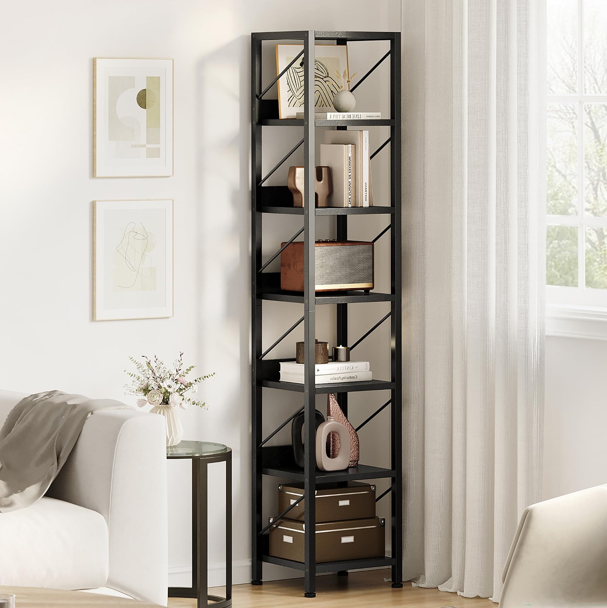 6 Tier Narrow Bookcase Tall Skinny Bookshelf Rustic Corner Shelf Small ...