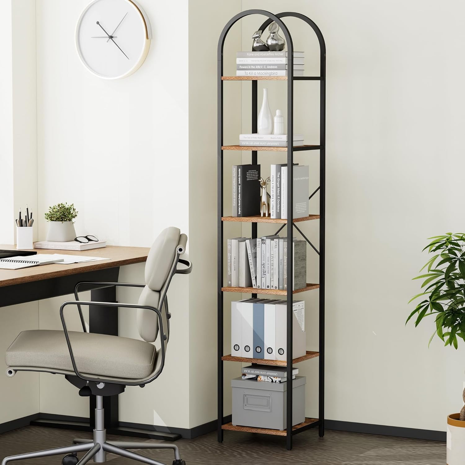 6-Tier Narrow Bookshelf Arched Display Rack, Skinny Tall Bookcase ...