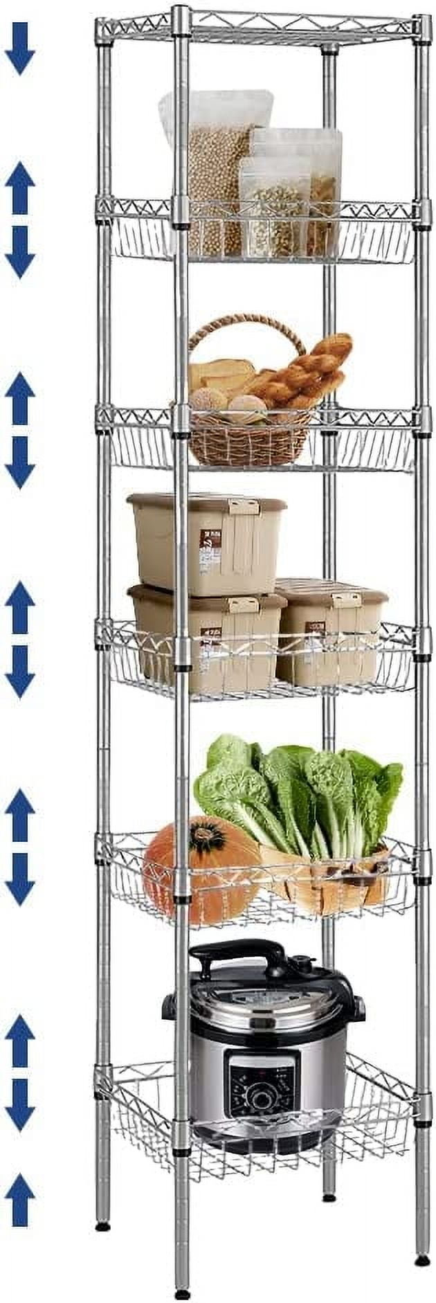 6 Tier Narrow Wire Shelving Unit with Basket, Adjustable Narrow Metal ...