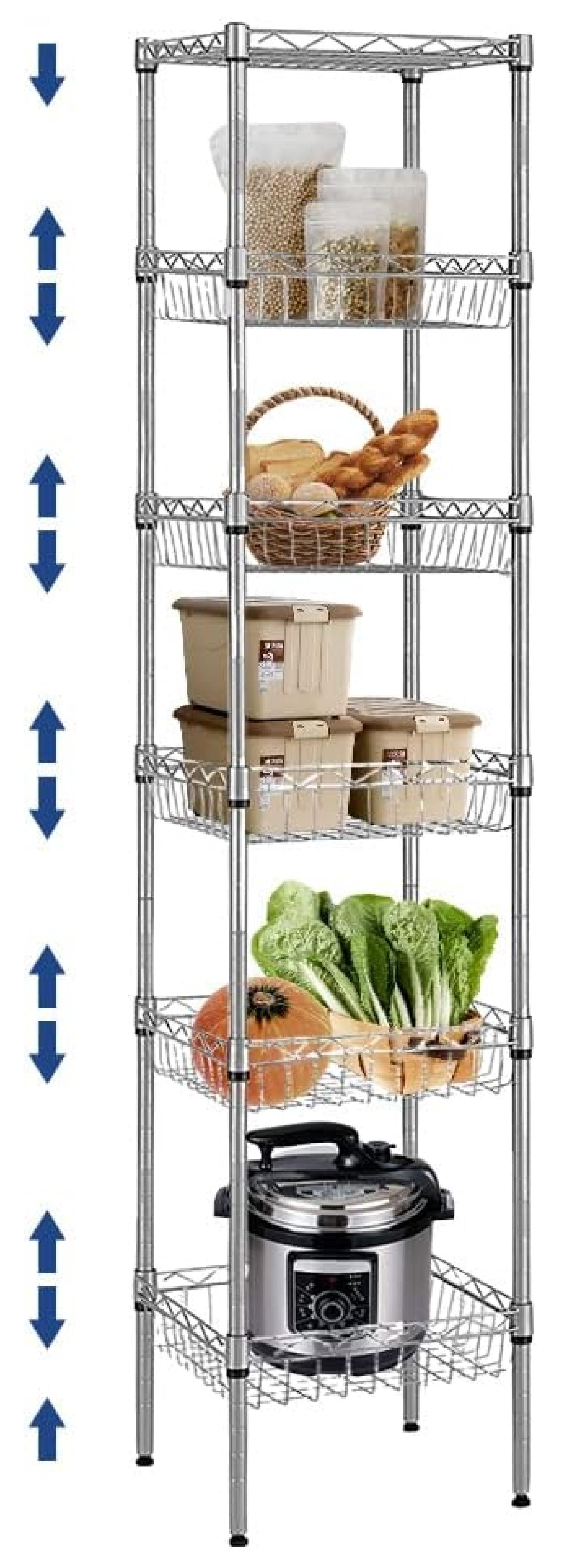 6 Tier Narrow Wire Shelving Unit with Basket, Adjustable Narrow Metal ...