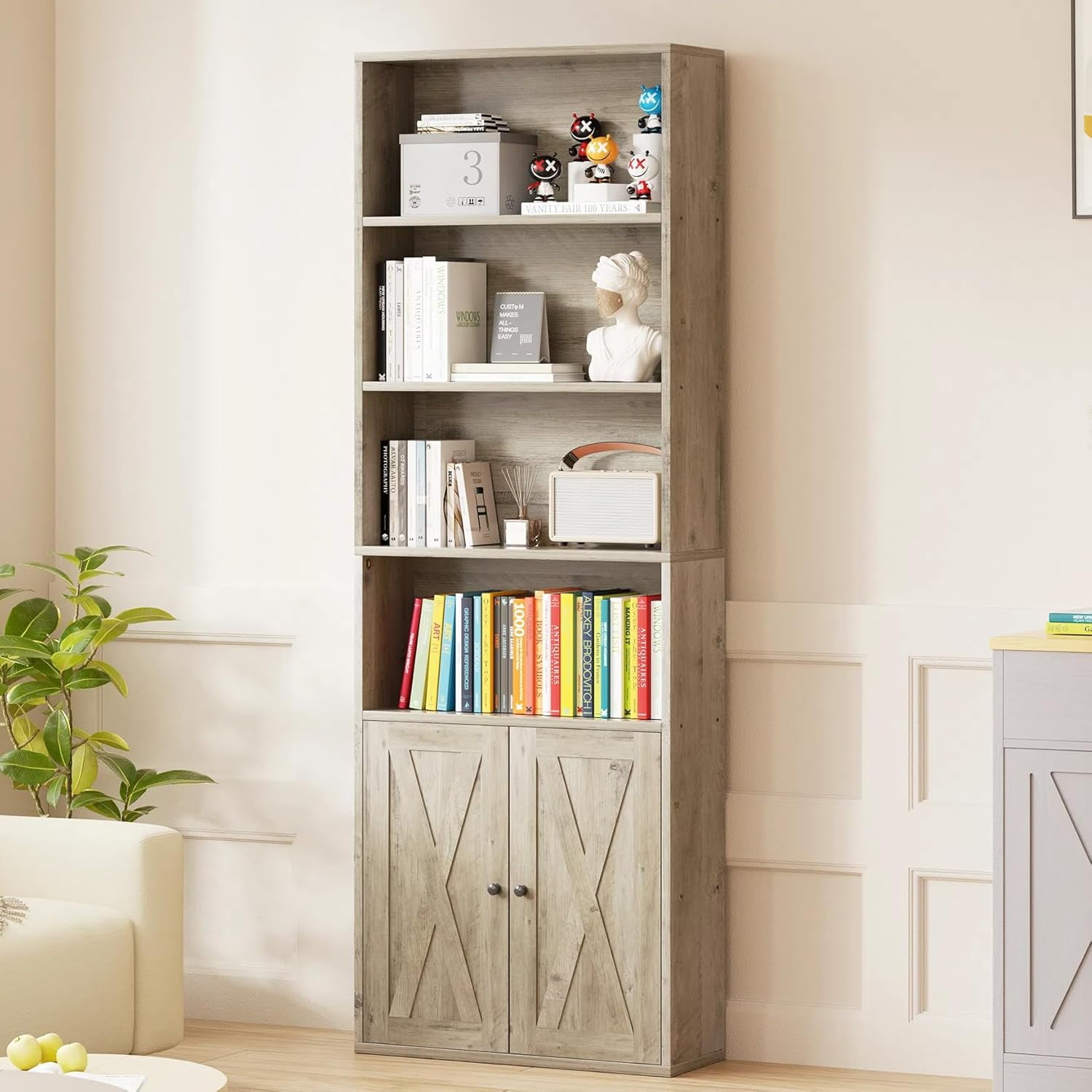 6-Tier Open Bookcase and Bookshelf with Doors, Floor Standing Farmhouse ...