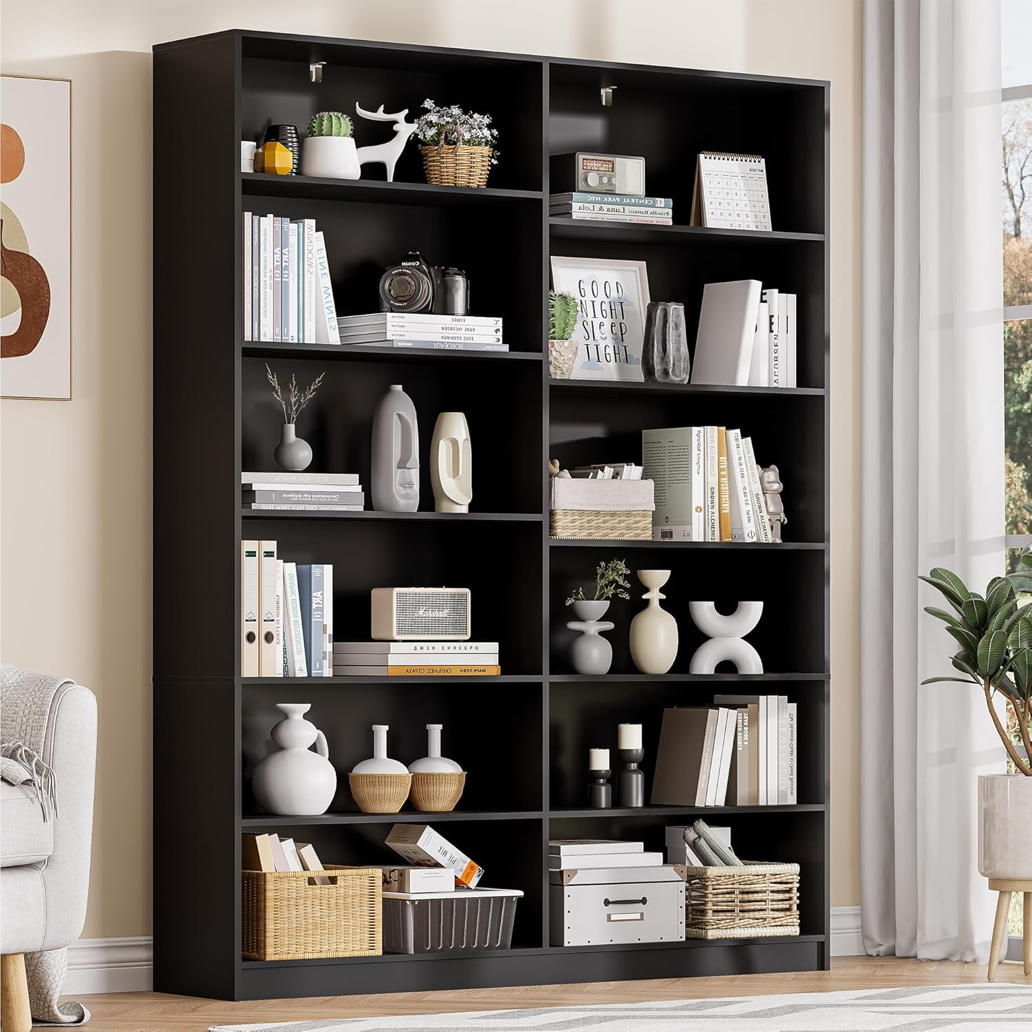 6 Tier Open Shelves Bookcase, Black Book Case with 12 Open Shelves ...