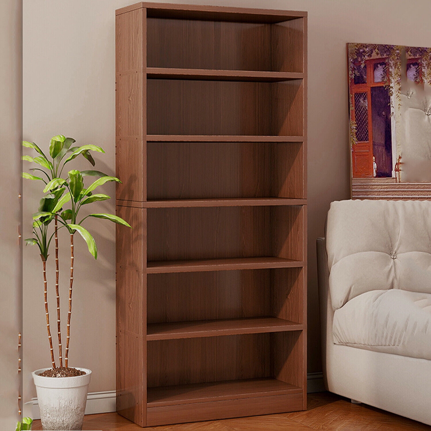 6 Tier Open Wood Bookshelf Adjustable Bookcase Wall Shelf Magazines ...