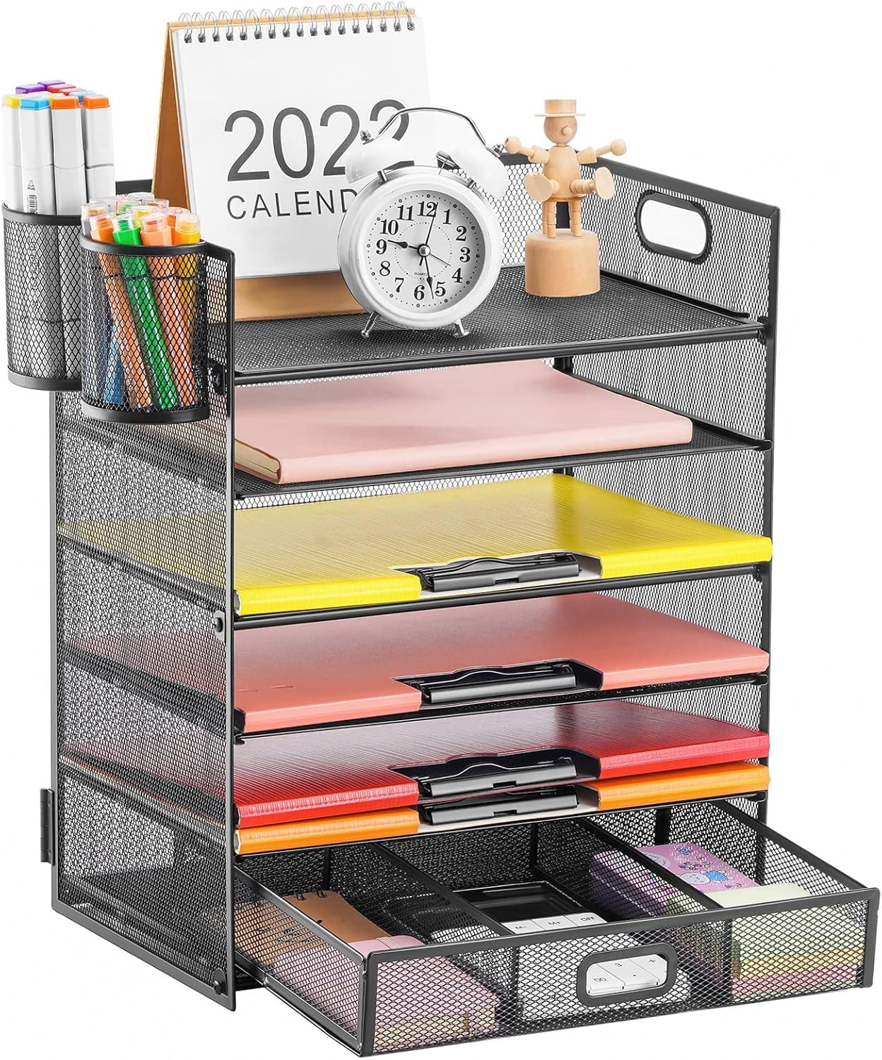6-Tier Paper Organizer Letter Tray with Drawer and Hanging Pencil ...