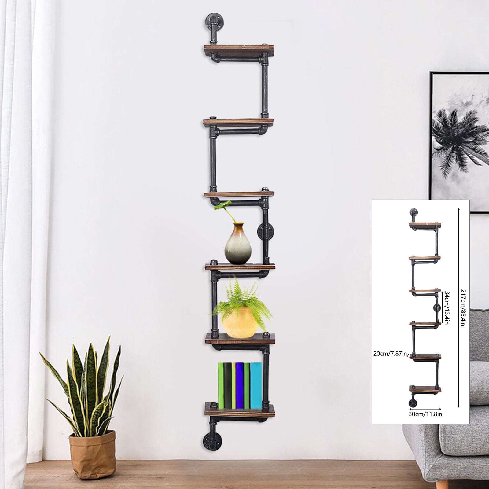 6-Tier Pipe Shelf Industrial Bracket Rustic Iron Pipe Wall Mount ...