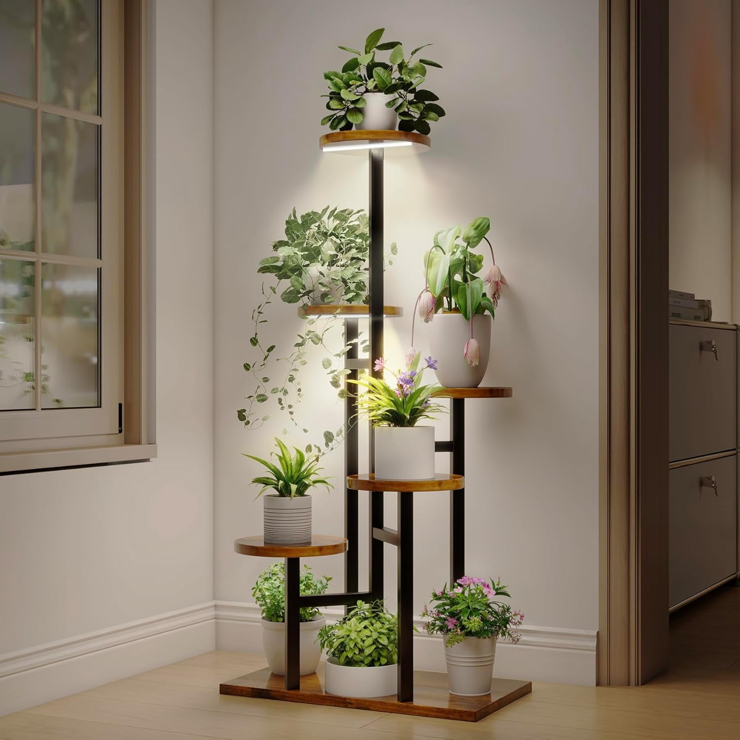 6 Tier Plant Stand with Full Spectrum Grow Lights, 39IN Tall Metal Wood ...
