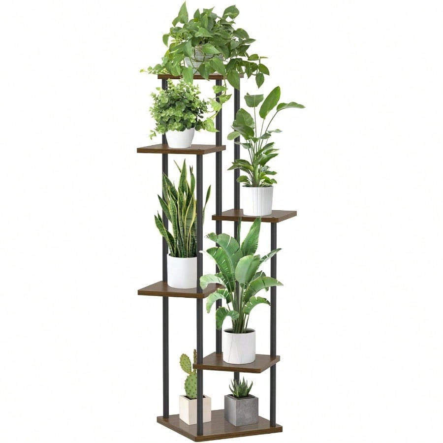 6 Tier Plant Stand Indoor Outdoor Tall Metal Wood Tiered Corner Planter ...
