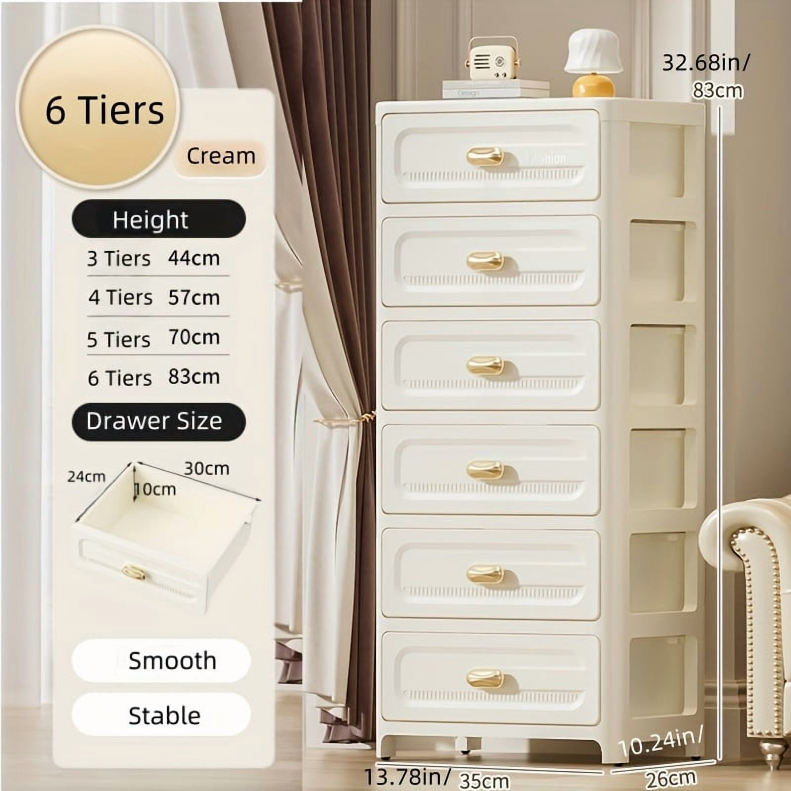 6-Tier Plastic Drawer Organizer Cabinet - Rolling Drawers, Creamy White ...
