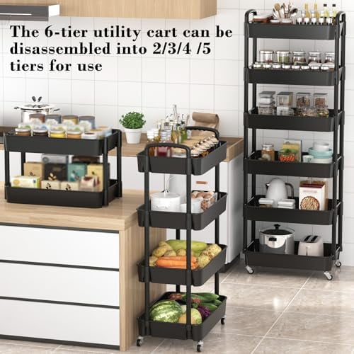 6-Tier Plastic Rolling Utility Cart with Handle, Multi-Functional ...