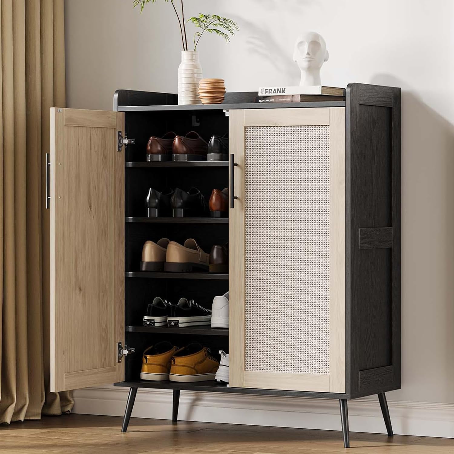 6-Tier Rattan Shoe Cabinet with Doors & Adjustable Shelves - Metal Leg ...
