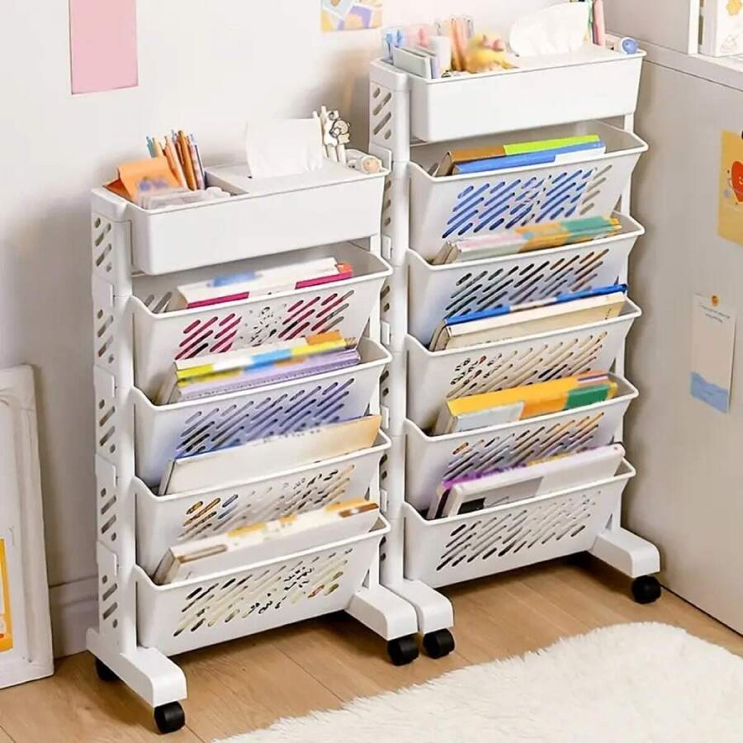 6 Tier Rolling Book Cart Movable Shelves Rack Storage Bookshelf Carts ...