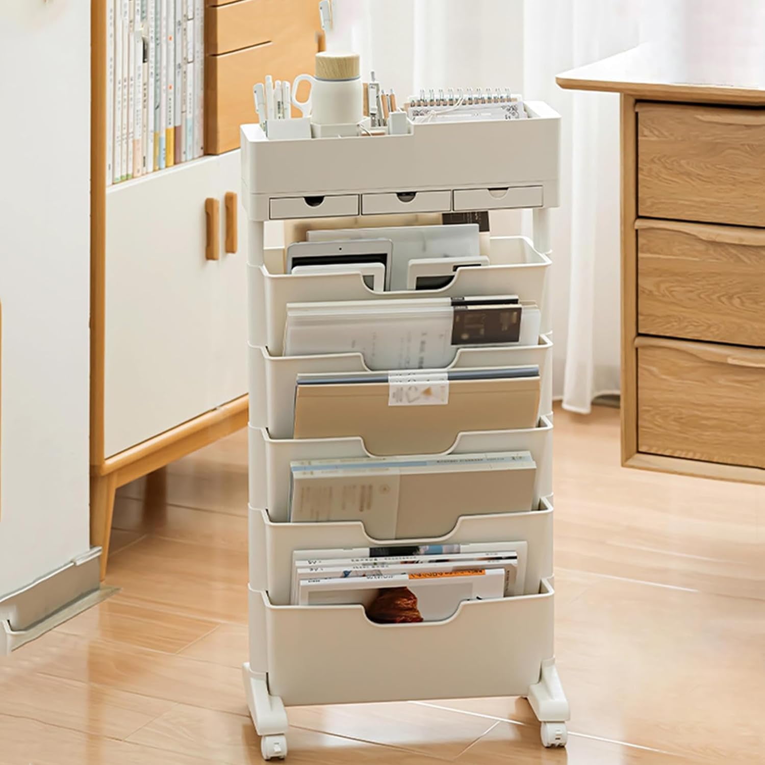 6 Tier Rolling Bookshelf, Mobile Bookshelf with Wheels,Movable Storage ...