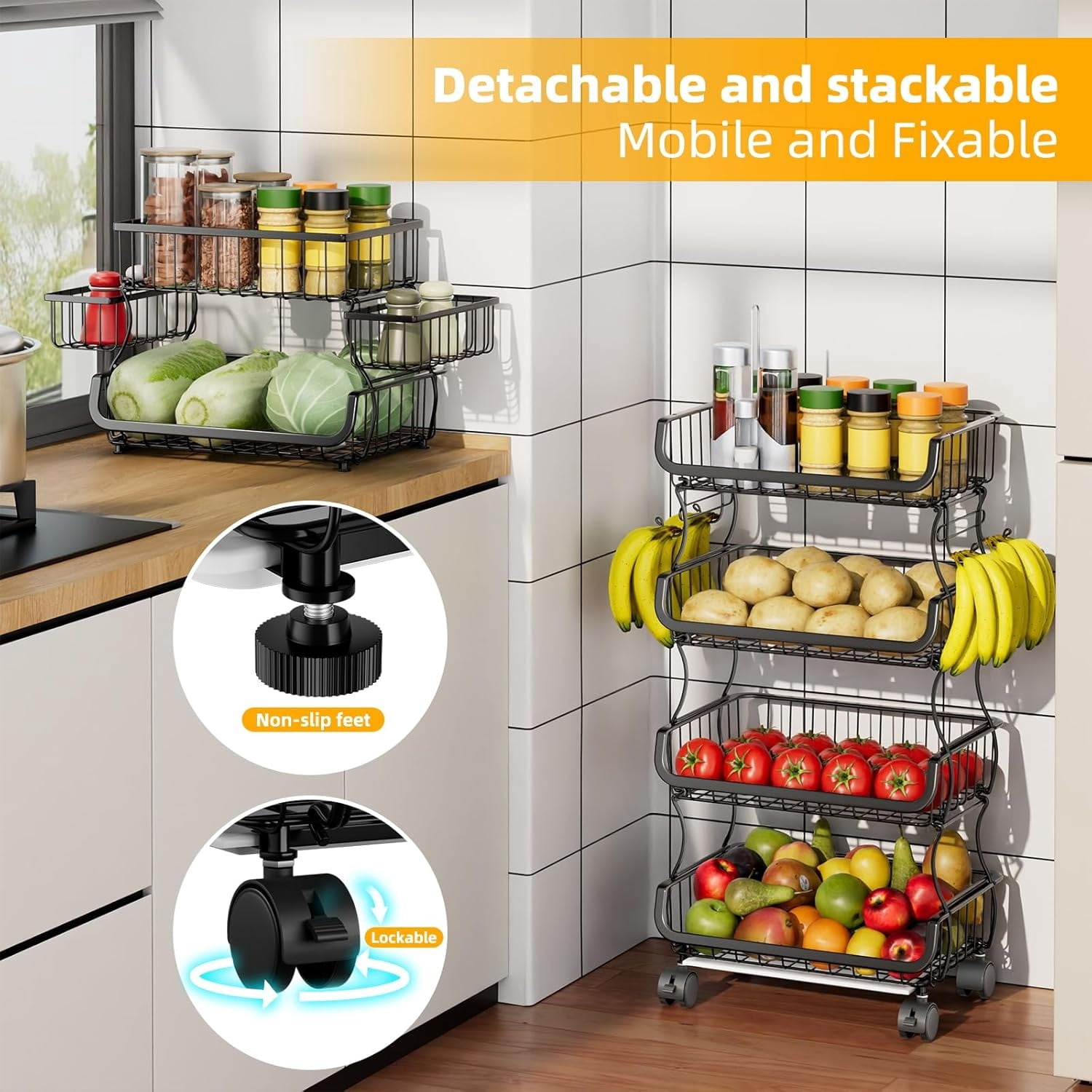 6 Tier Rolling Cart, Stackable Fruit Vegetable Basket with Wheels and 2 ...