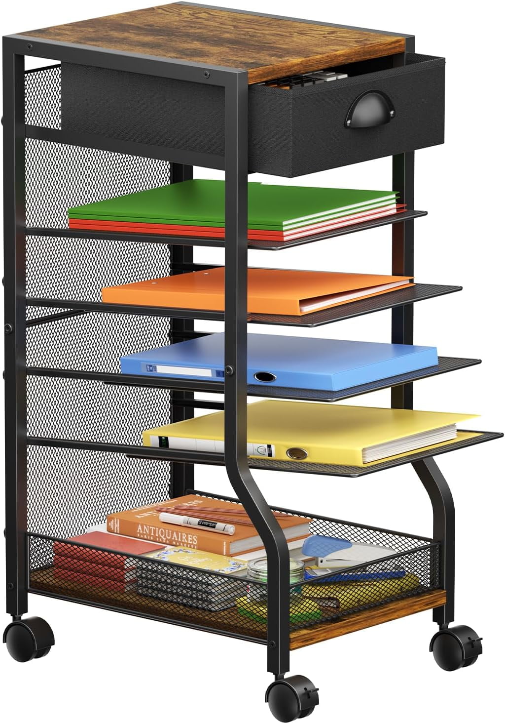 6-Tier Rolling File Cart with Drawer, Under Desk Storage with Paper ...