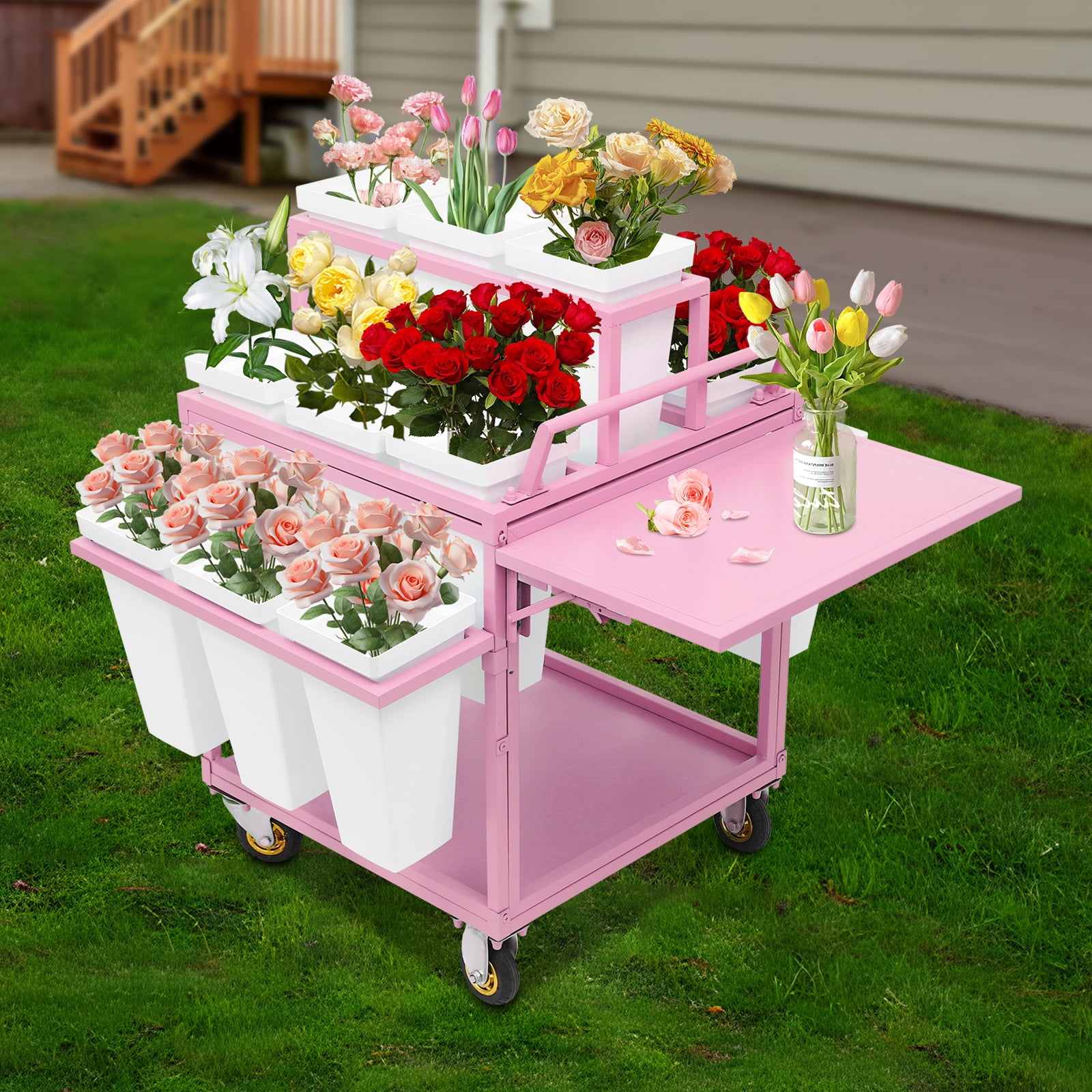 6-Tier Rolling Flower Display Stand with 18 PP Buckets,Metal Cart Plant ...