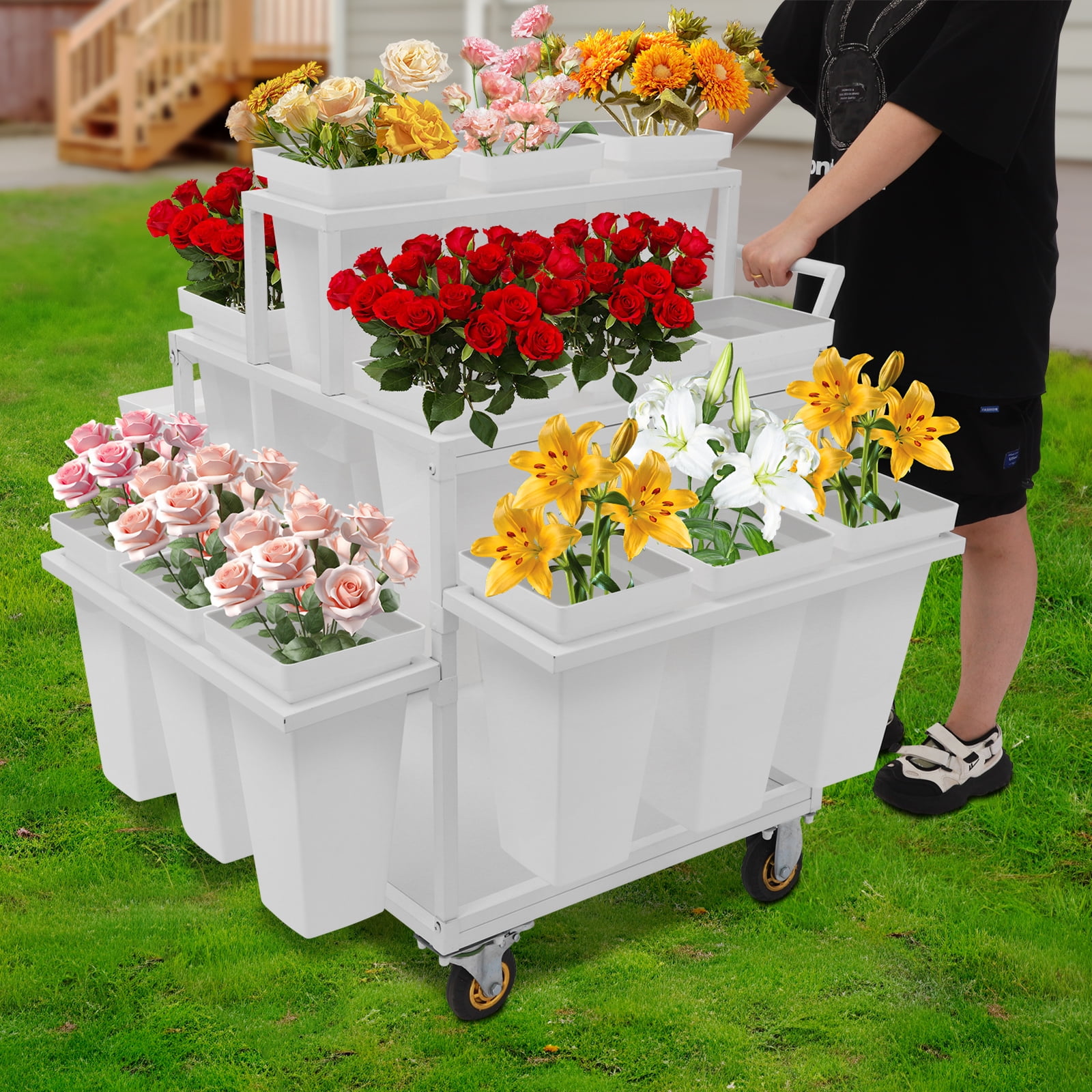 6-Tier Rolling Flower Display Stand with 18 PP Buckets,Metal Cart Plant ...