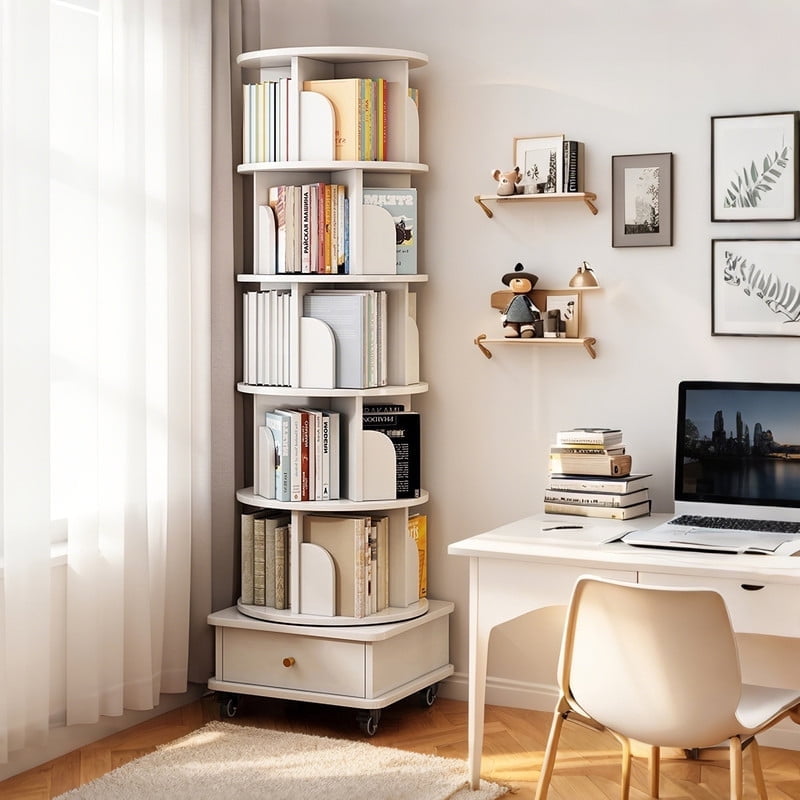 6 Tier Rotating Bookcase with Drawer, 360° Display Round Spinning ...