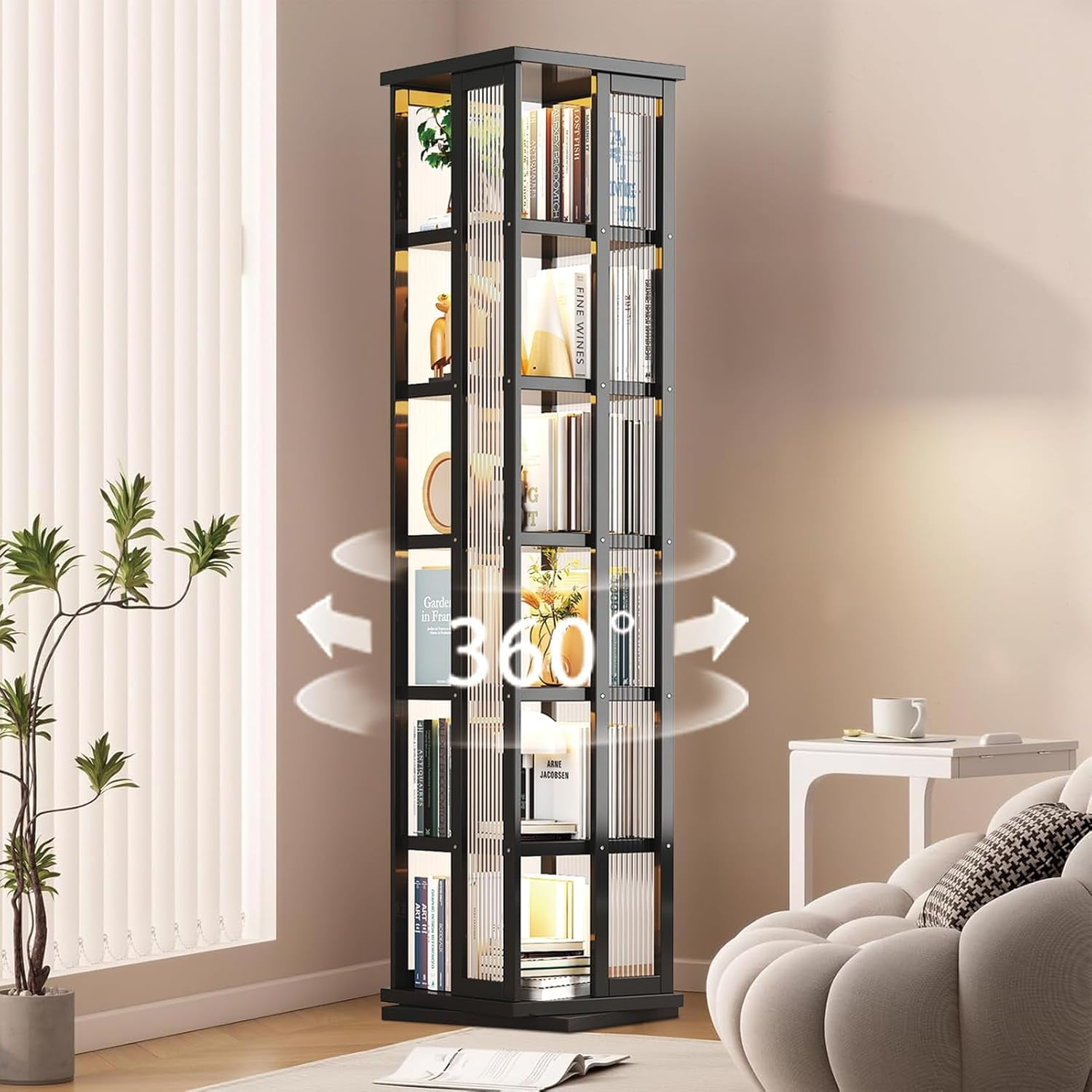6 Tier Rotating Bookshelf, 360° Revolving Corner Bookshelf Tower for ...